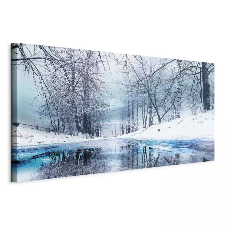 Obraz Sroga zima szeroki - pejzaż rzeki z białym krajobrazem drukowany ...