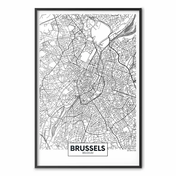 Plakat Mapa Brukseli - czarno-biała mapa jednego z miast Belgii z ...
