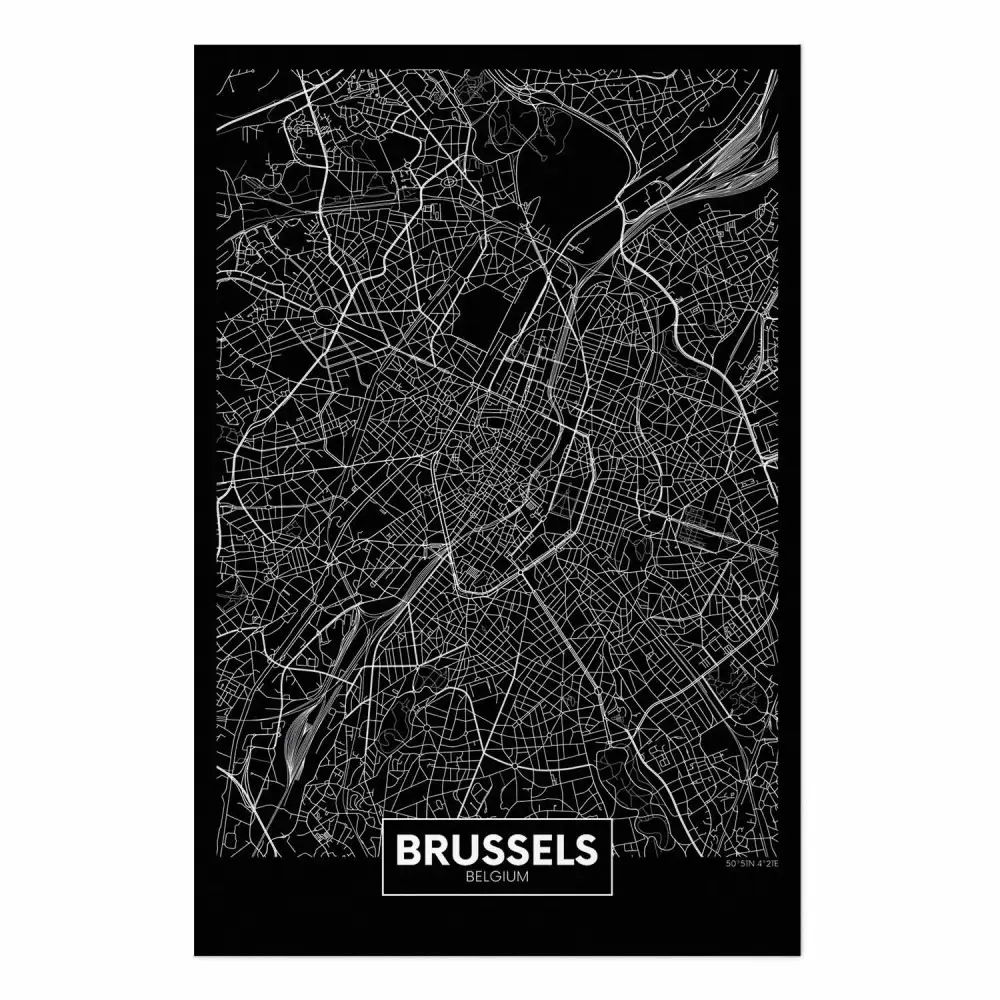 Plakat Ciemna mapa Brukseli - czarno-biała kompozycja z napisami po ...