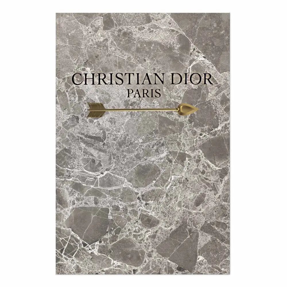 Plakat Christian Dior - napis po angielsku na abstrakcyjnym marmurowym ...