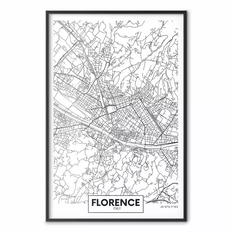 Plakat Mapa Florencji - czarna mapa topograficzna na białym tle z ...
