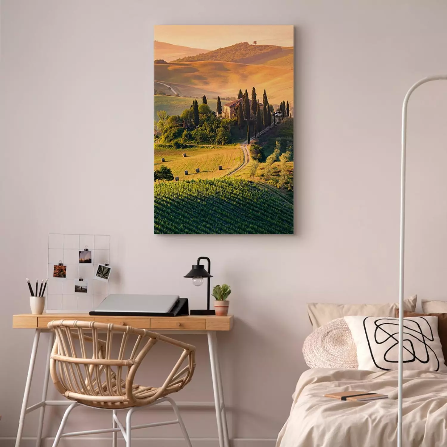 Obraz Słoneczne pola Toskanii - fotografia pejzażu o zachodzie słońca ...