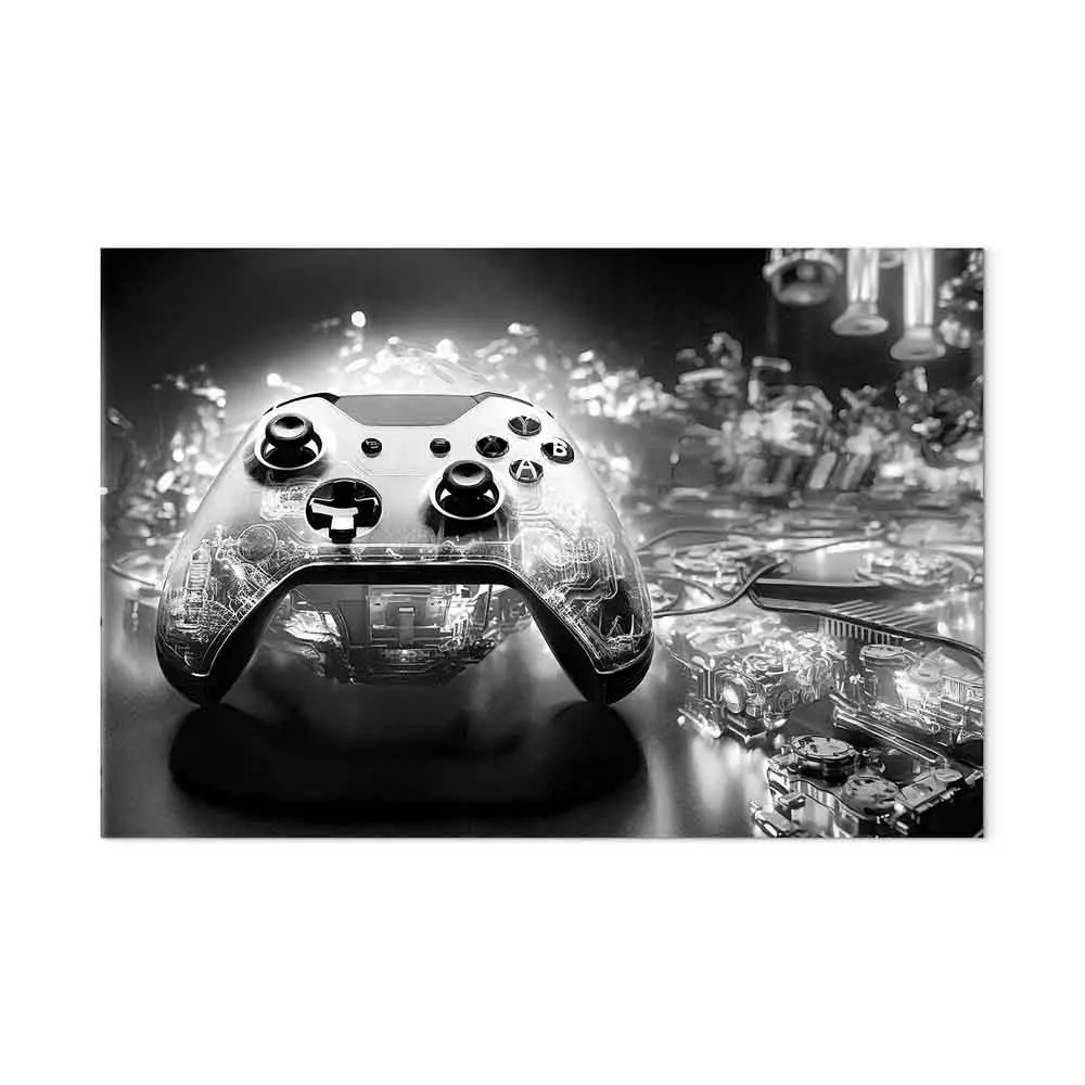 Obraz Technologia Gamingowa - pad do gry na czarno-białym tle drukowany ...