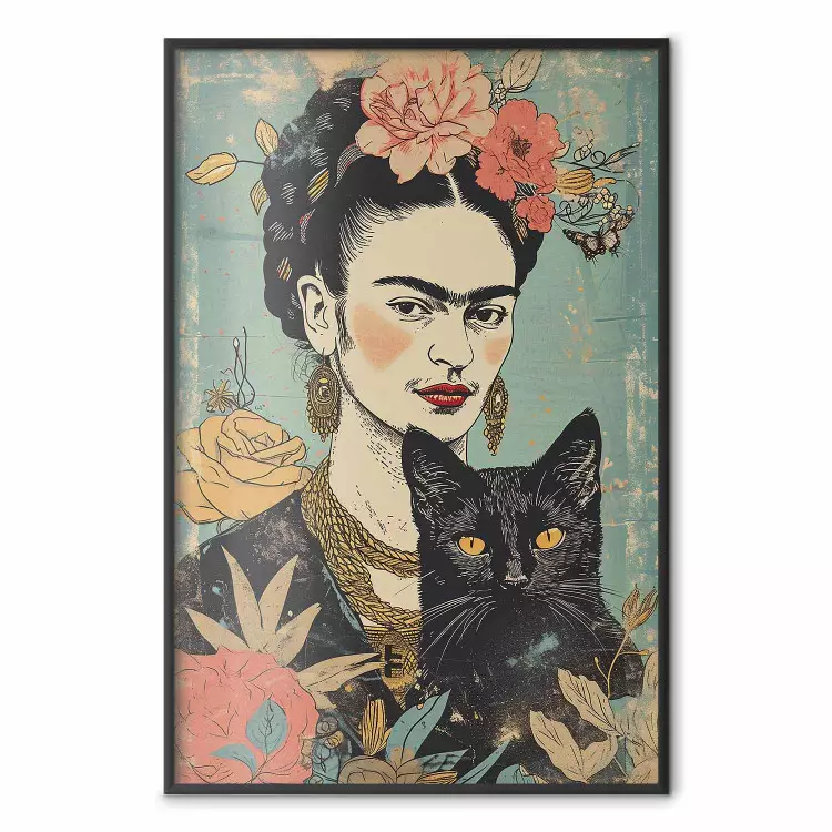 Plakat Frida z kotem - portret malarki inspirowany stylem japońskim na ...