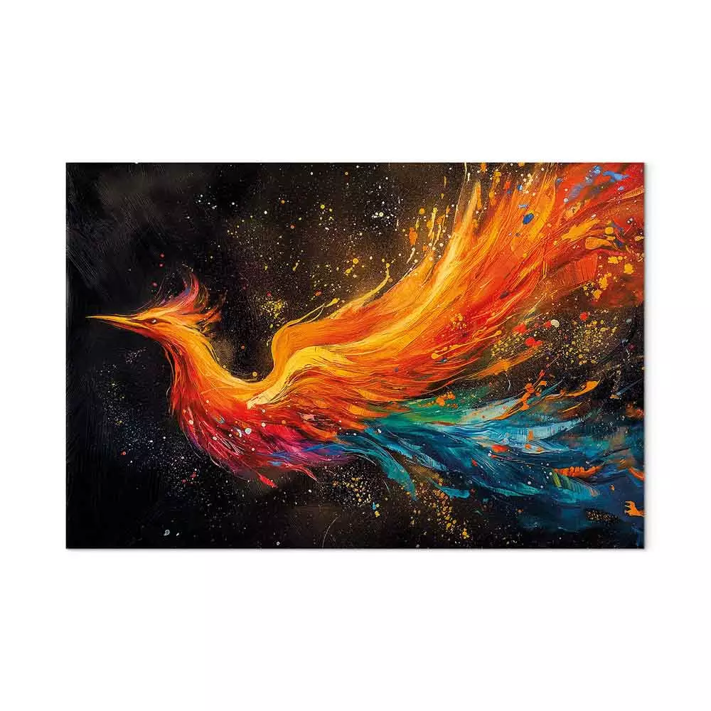 Obraz Ognisty ptak - malarski feniks pędzący z wiatrem na czarnym tle ...