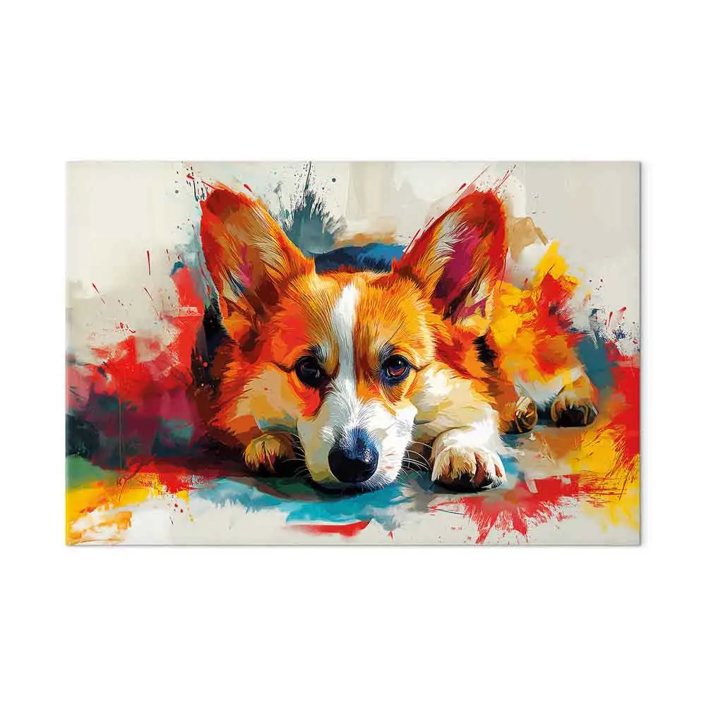 Obraz Malarski piesek - Corgi czekający na kość wśród kolorowych farb ...