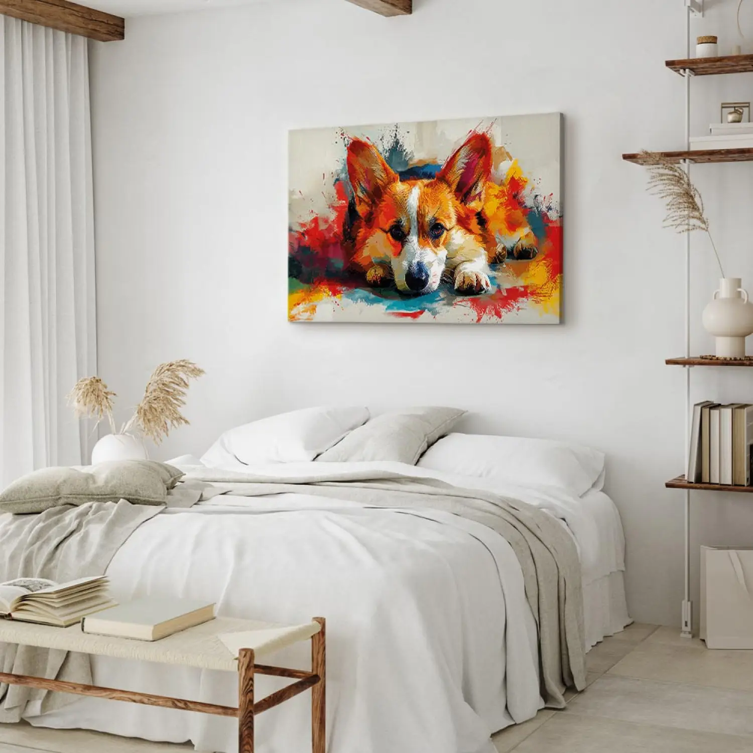 Obraz Malarski piesek - Corgi czekający na kość wśród kolorowych farb ...