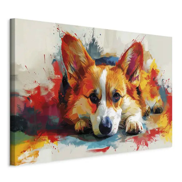 Obraz Malarski piesek - Corgi czekający na kość wśród kolorowych farb ...