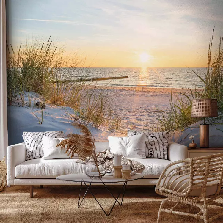 Fototapeta Złote plaże - malowniczy widok morza i trawy o zachodzie ...