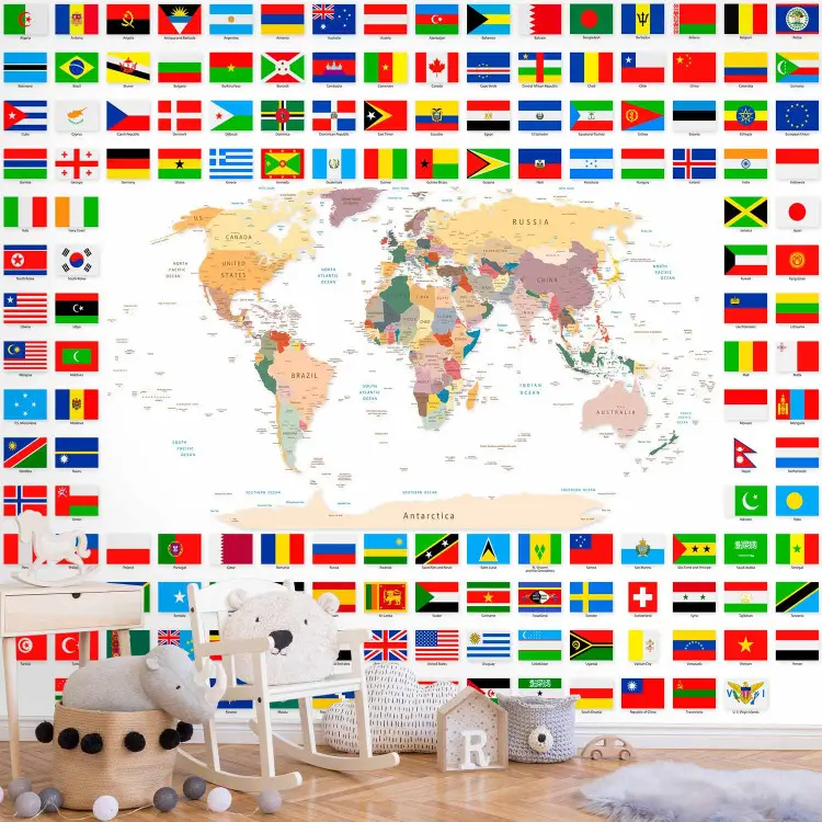Fototapeta Nauka geografii - mapa świata z flagami państw w języku ...